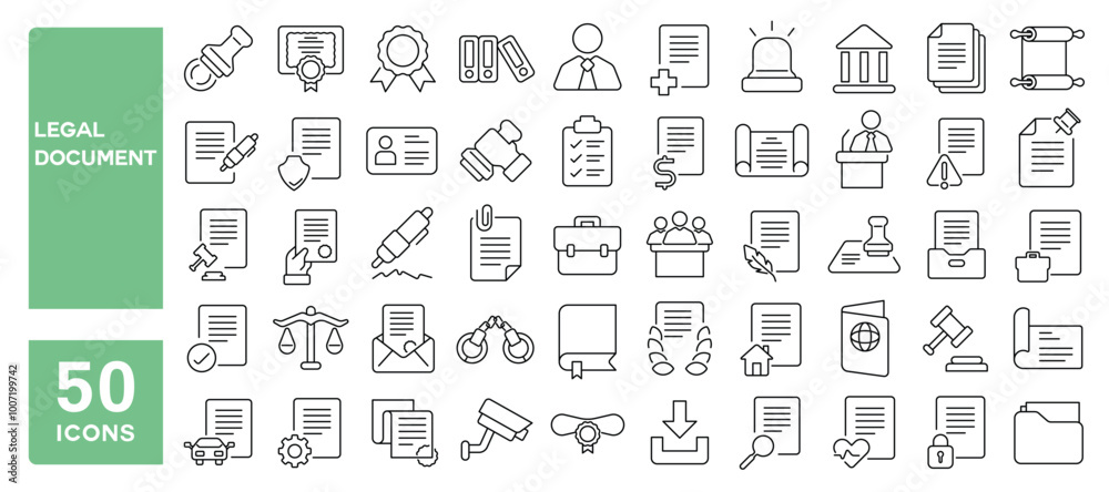 Set of 50 line icons related to legal document, license, certificate ...