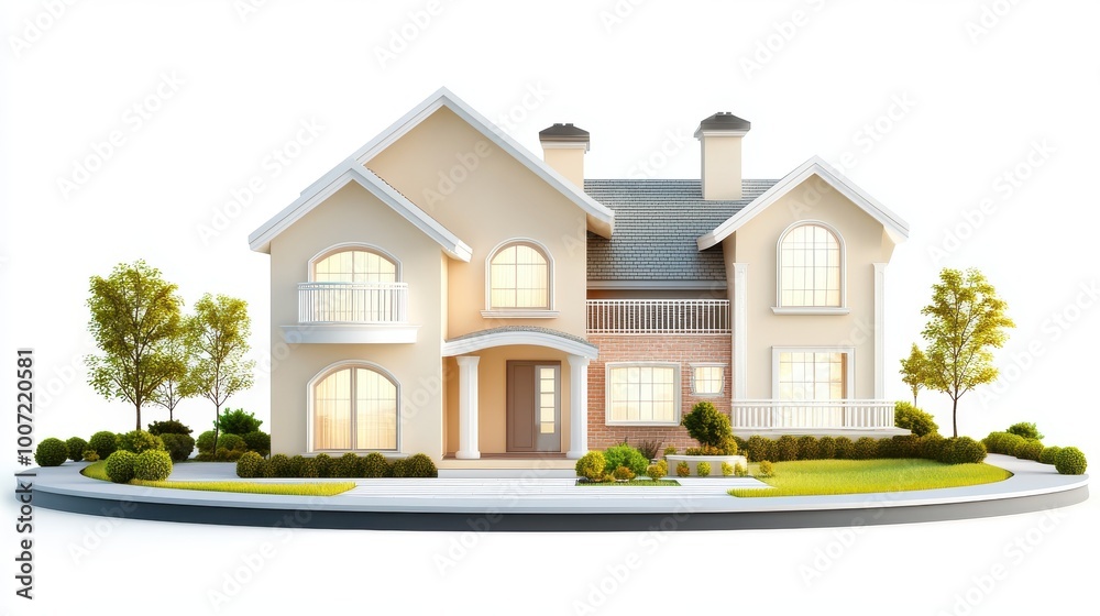 Traditional house clipart with a two-story design, brick exterior, and ...
