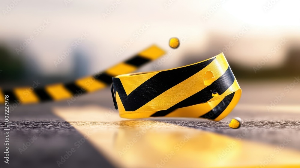 Yellow and black construction tape marking off a dangerous area, with a ...