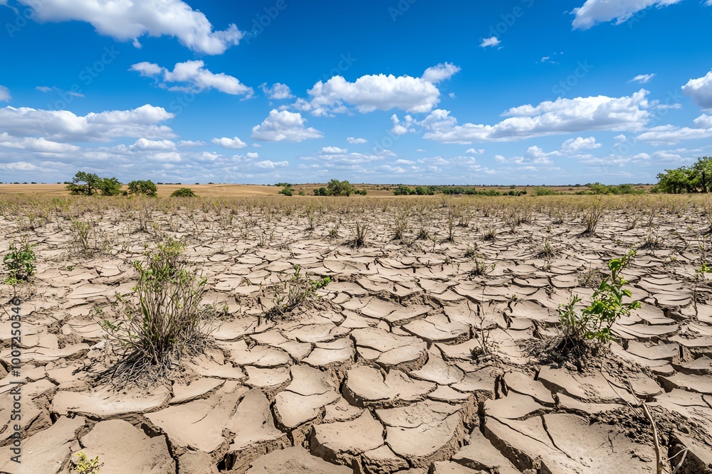 Cracked drought-stricken land under a sunny blue sky with fluffy clouds ...