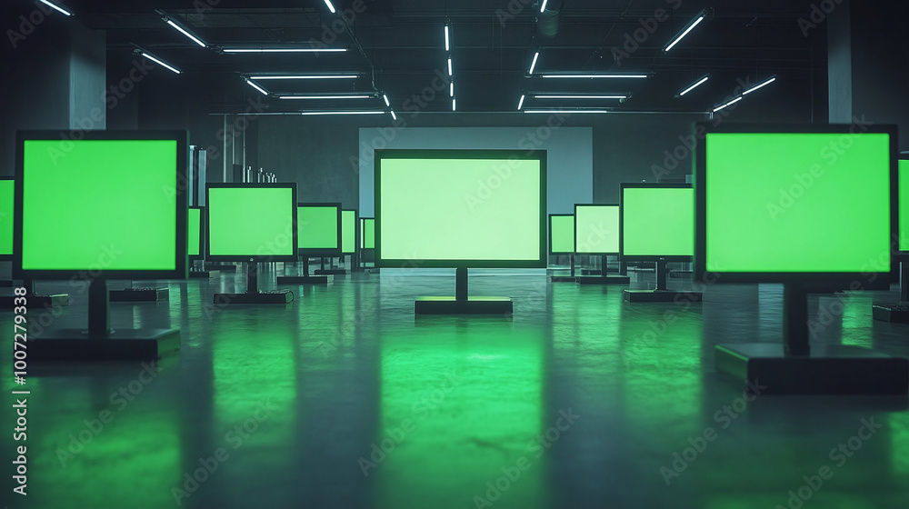 3d realistic render of a projector computer monitor with green screen ...