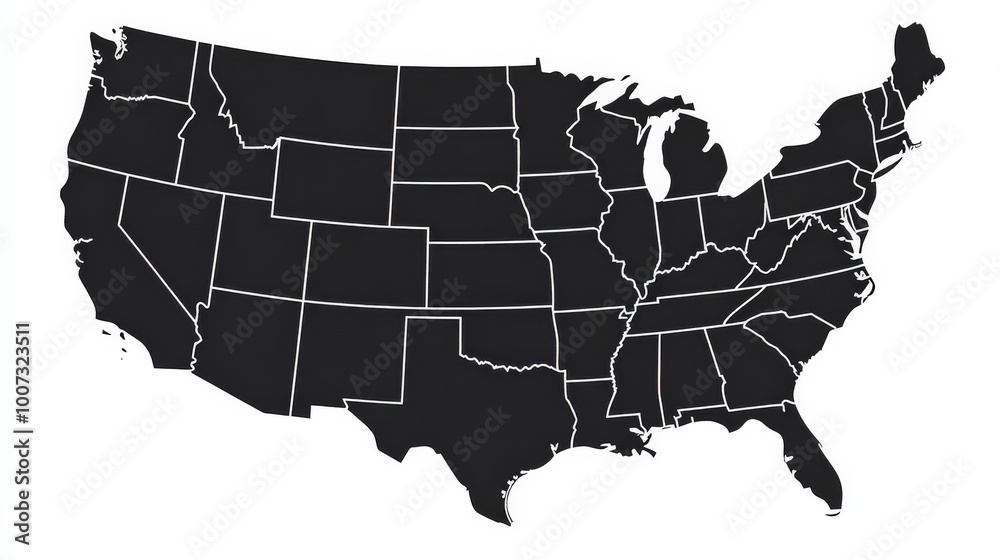 black USA map with states isolated on a white background. United States ...