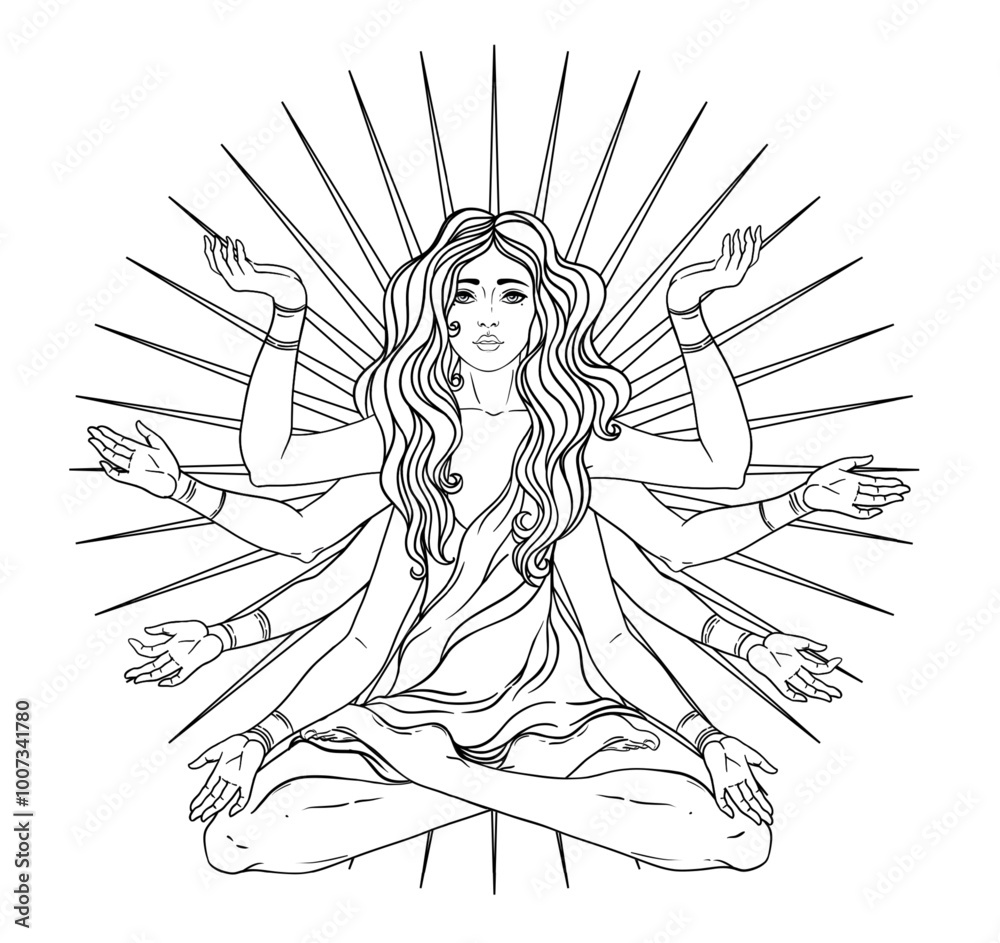 Beautiful woman with long hair and multiple hands sitting in lotus yoga ...