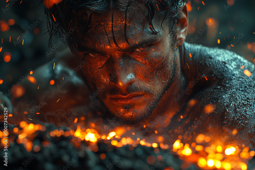 male fire genasi with intense glowing gaze amid smoldering embers Stock ...