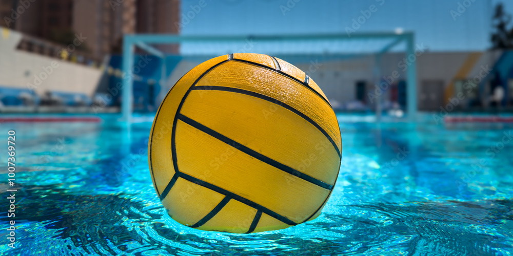 Yellow Water Polo Ball in Focus Floating in Front of Water Polo Cage ...