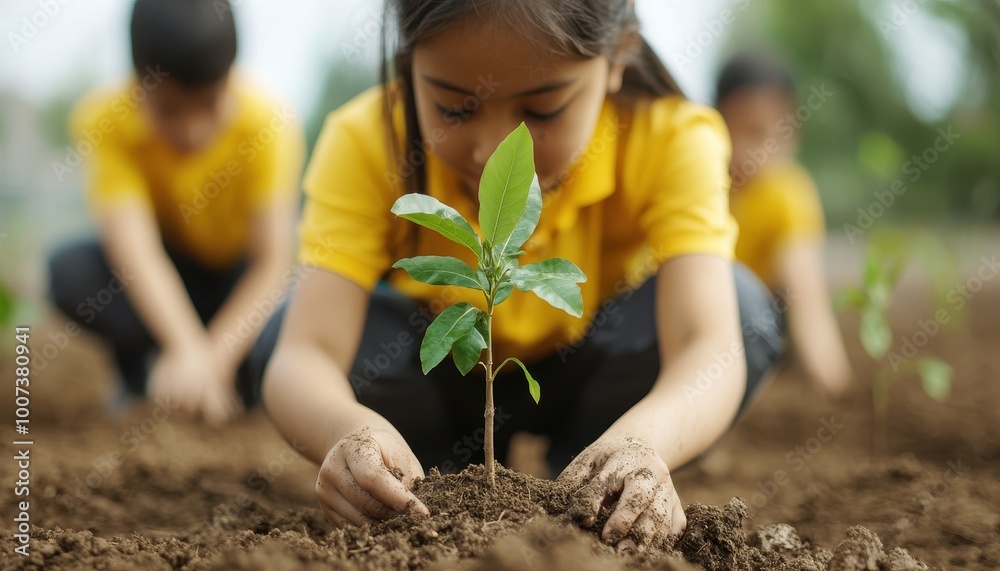 Children planting trees with adults, symbolizing kindness to nature and ...