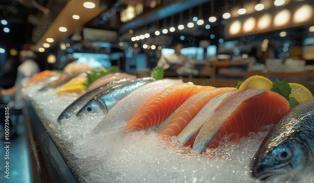 AI generator image of fatty fish like salmon, mackerel, and sardines displayed on a clean, ice ...