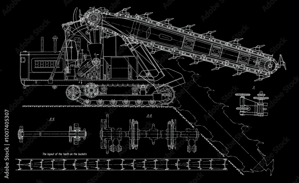 Bulldozer. Tracked (crawler) earthmoving machine. Technical drawing of ...