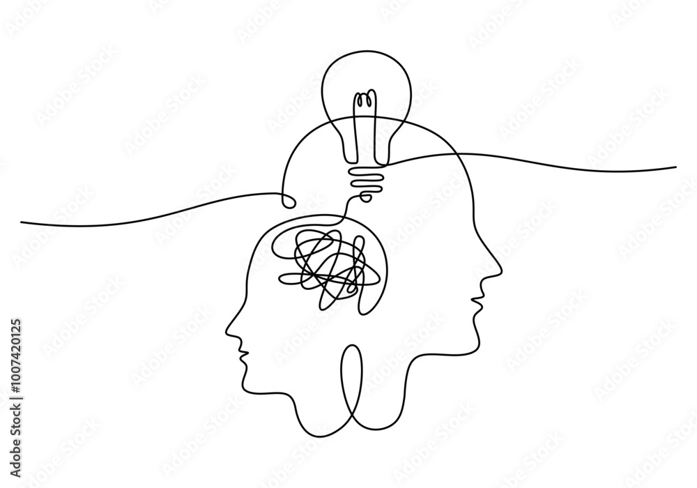 Mental health care with scribble brain and light bulb. One line art ...
