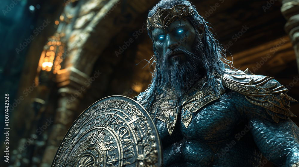 water genasi warrior in blue armor stands guard in an ancient temple ...