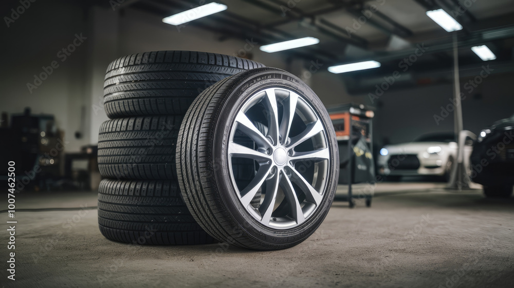 Three tires are stacked on top of each other. The tires are black and ...