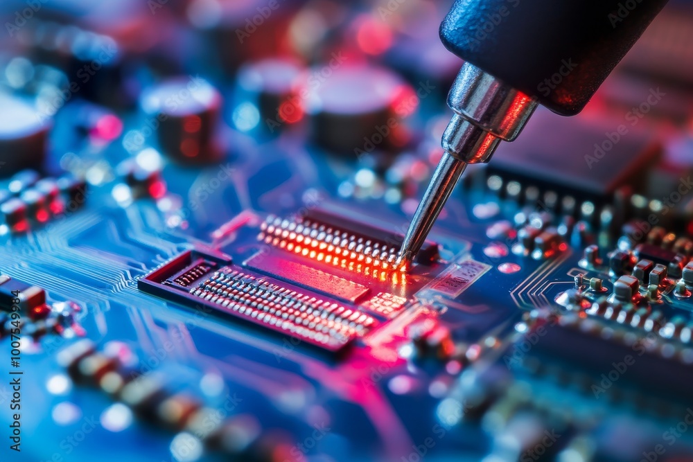 Engineer testing electronic circuit boards with precision tools for ... Engineer testing electronic circuit boards with precision tools for ...