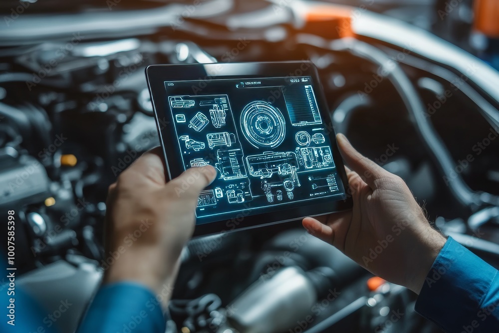 Mechanic using tablet with hologram display of car engine and ...