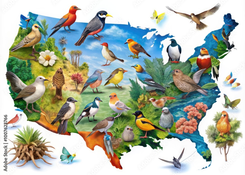 Colorful Map of State Birds in the United States Highlighting Each ...