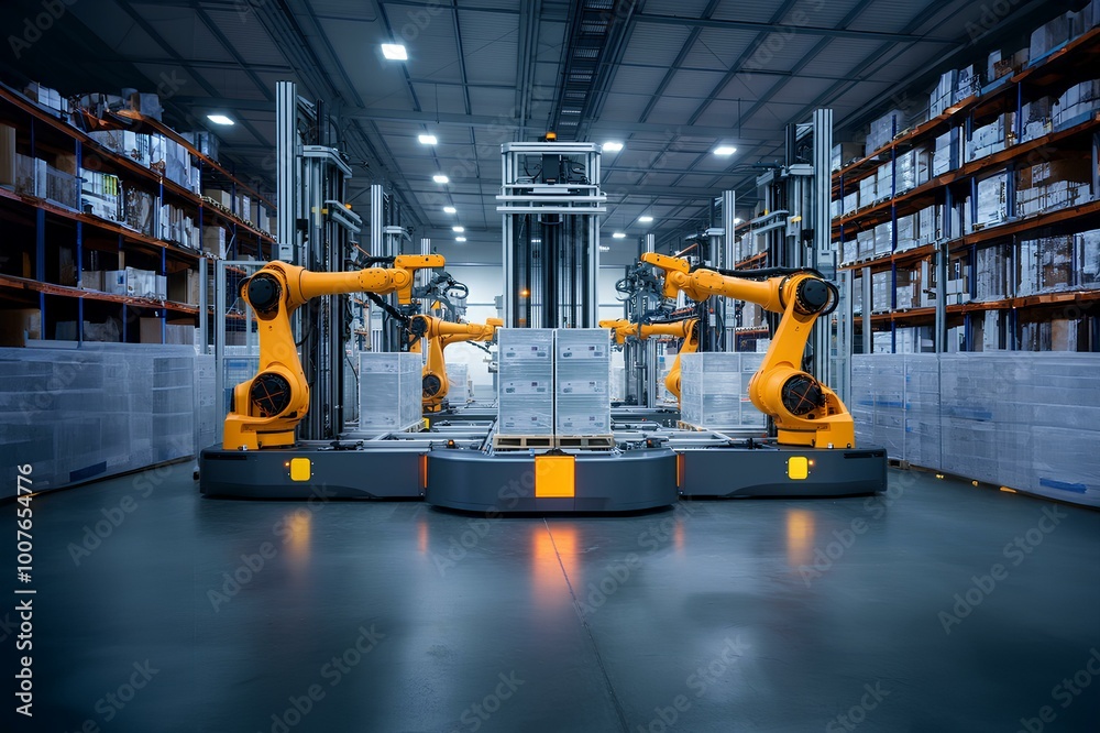 Ilustración de Stock Autonomous Robot transportation in warehouse.Automation with AGV and ...