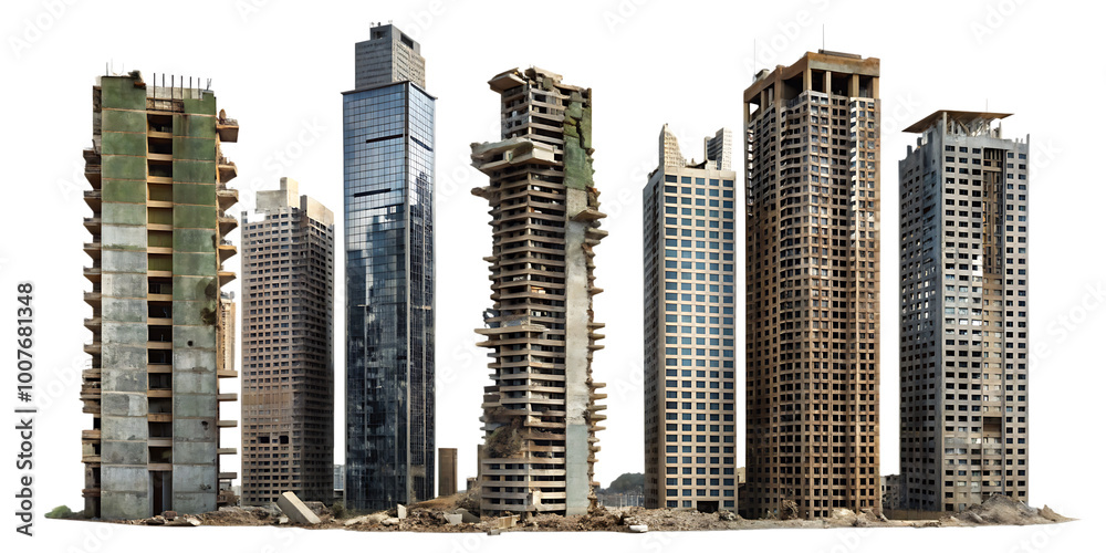 Set of ruined skyscrapers isolated on white background as transparent ...