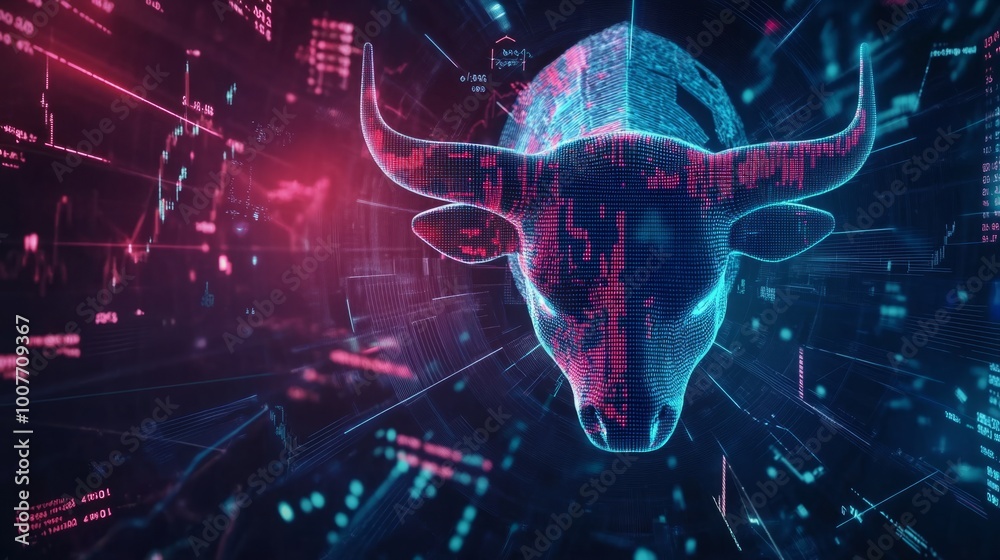 A futuristic concept of a bull market, featuring cutting-edge digital ...
