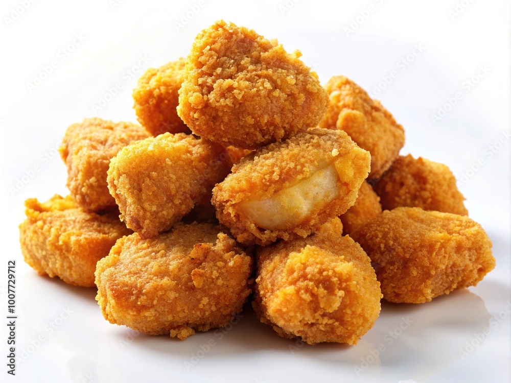Crunchy breaded chicken nuggets arranged artfully on a clean white ...