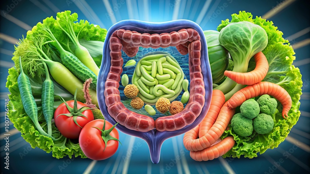 A 3D illustration of the human colon with healthy mucosa and regular ...