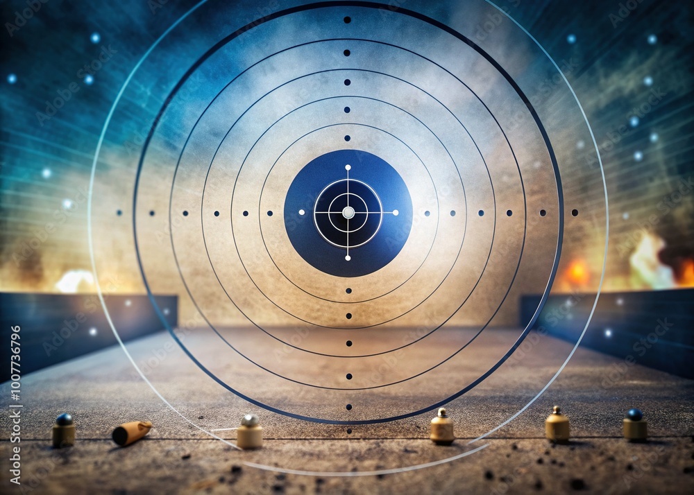 Rifle scope views a bulls-eye target on a shooting range, surrounded by ...