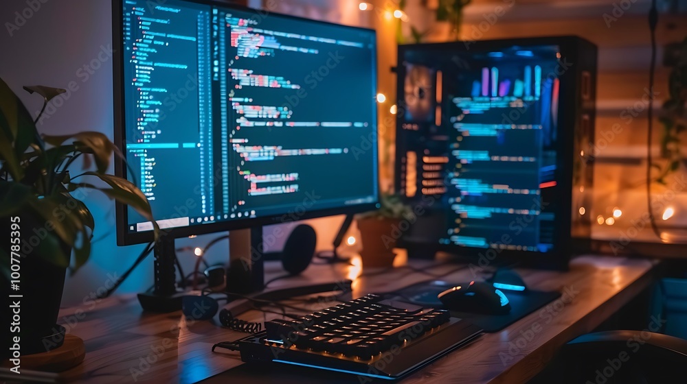 Computer desktop setup with two monitors displaying code on the screen. The image captures the ...