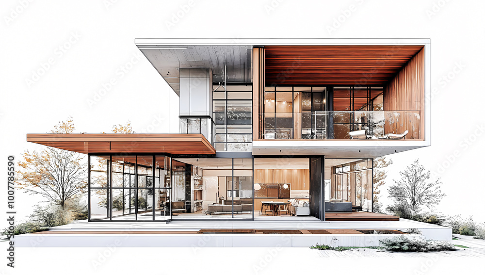 Ilustración de Stock Modern two-story house cross-section CAD drawing ...