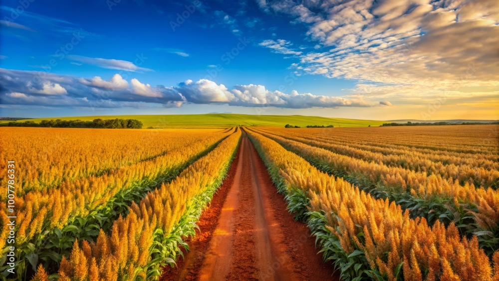 Golden sorghum fields stretch towards the horizon beneath a bright blue ...