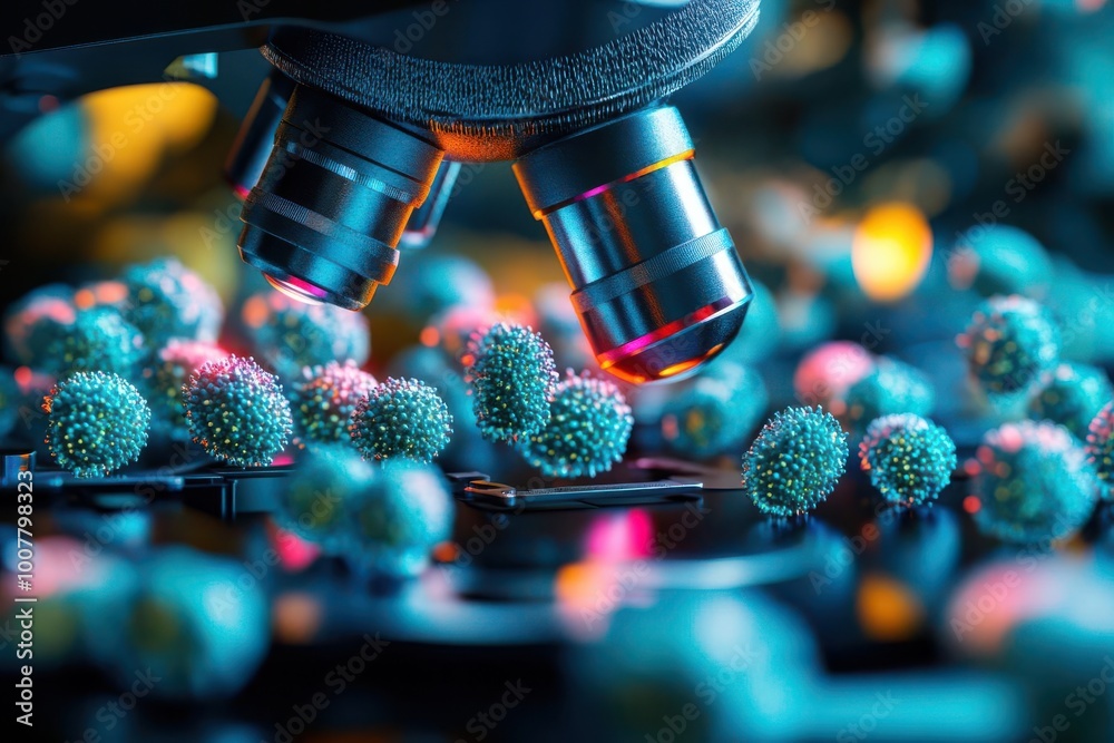 Photorealistic image of microorganisms under a highpowered microscope ...