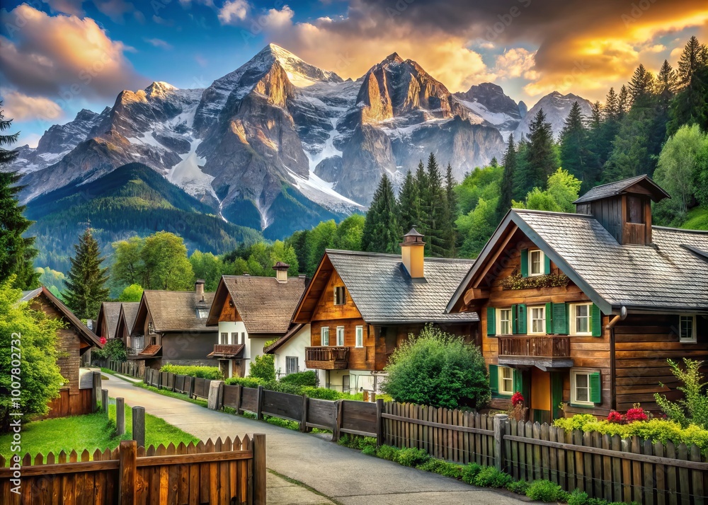 Serene mountain town scene featuring a row of charming Wooden sided ...