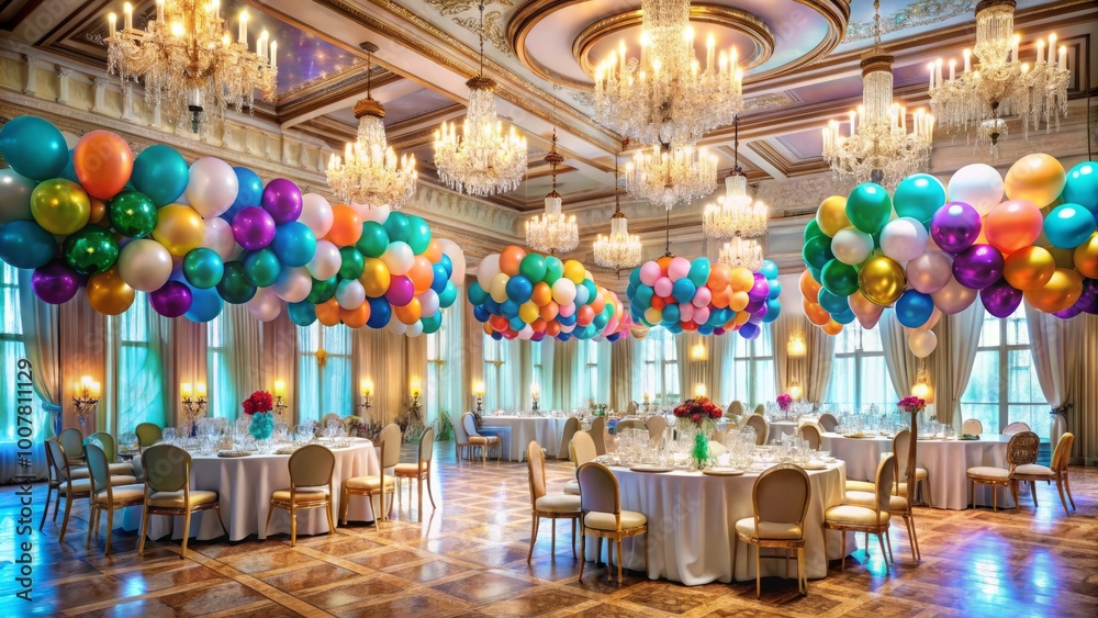 Vibrant balloons, elegant draping, and sparkling chandeliers create a ...