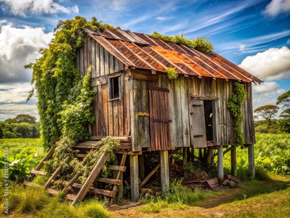 Weathered wooden shack with corrugated metal roof, overgrown with vines ...