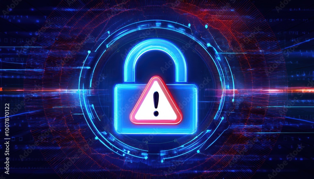 Cyber Security Alert Neon Padlock with Exclamation Mark Stock ...