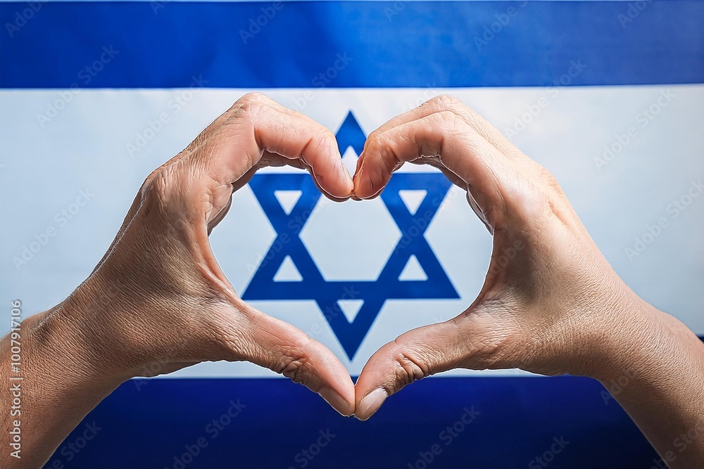 A heart shape made by two hands with the Israeli flag in background ...
