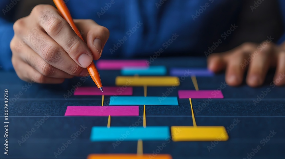 Person creating a flowchart with colorful blocks and a pen on a desk ...