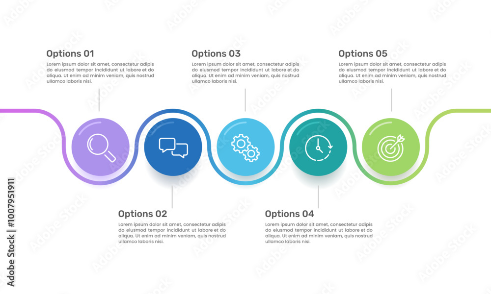 Infographic curve line design template with 5 colorful circle. Business ...