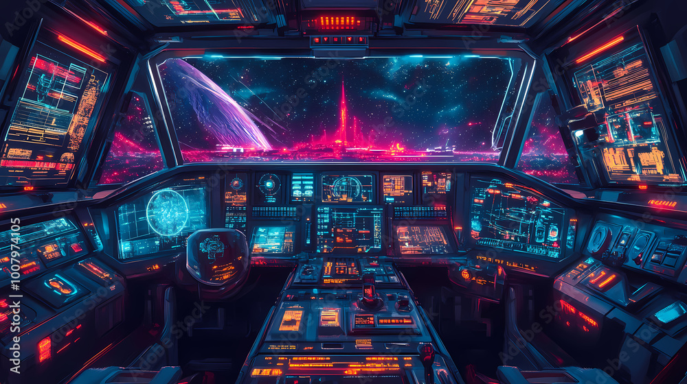 Futuristic spaceship cockpit interior. future spacecraft control panels technology, space travel ...