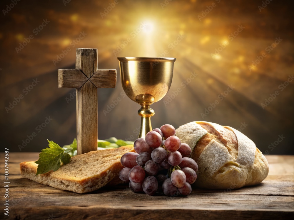 Communion Elements Featuring Unleavened Bread, Chalice of Wine, and ...