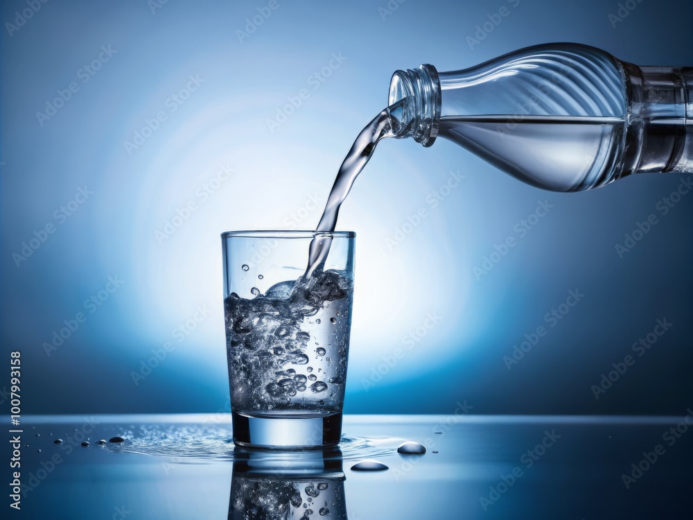 Cool, crisp water cascades from a bottle into a transparent glass ...