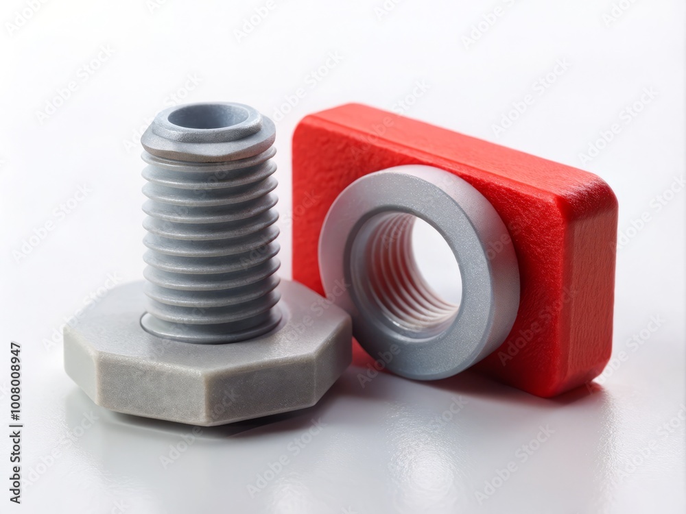Gray Washer and Bolt 3D Printed Model in Red Plastic Demonstrating FDM ...