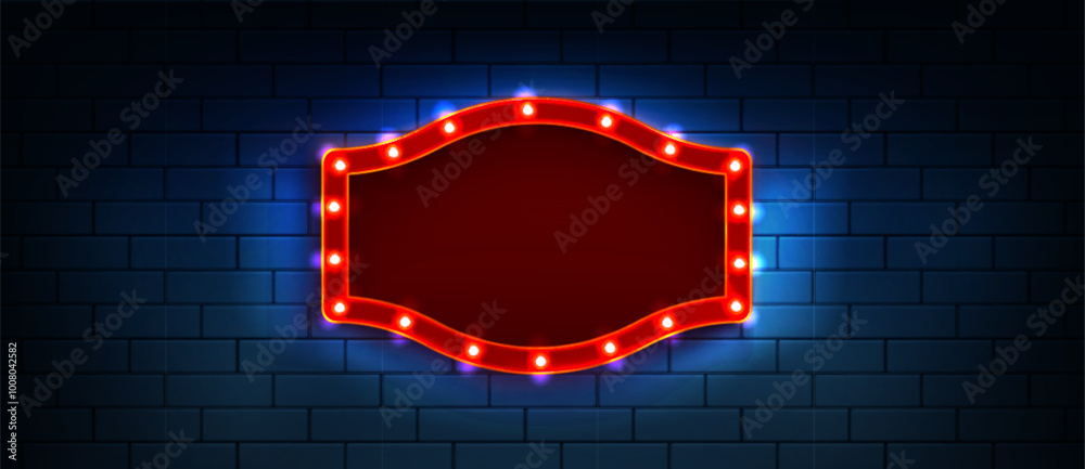 Red retro sign board with glowing light bulb frame on dark blue brock ...
