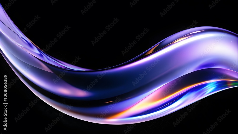 Abstract fluid holographic iridescent purple curved wave in dark background 3d render. Gradient ...