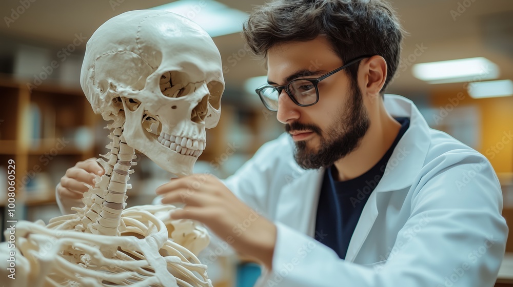 Medical student engages with a human skeleton model in a classroom ...