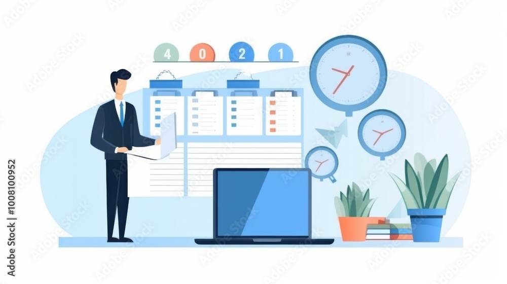 An illustration depicting effective time management, featuring clocks ...