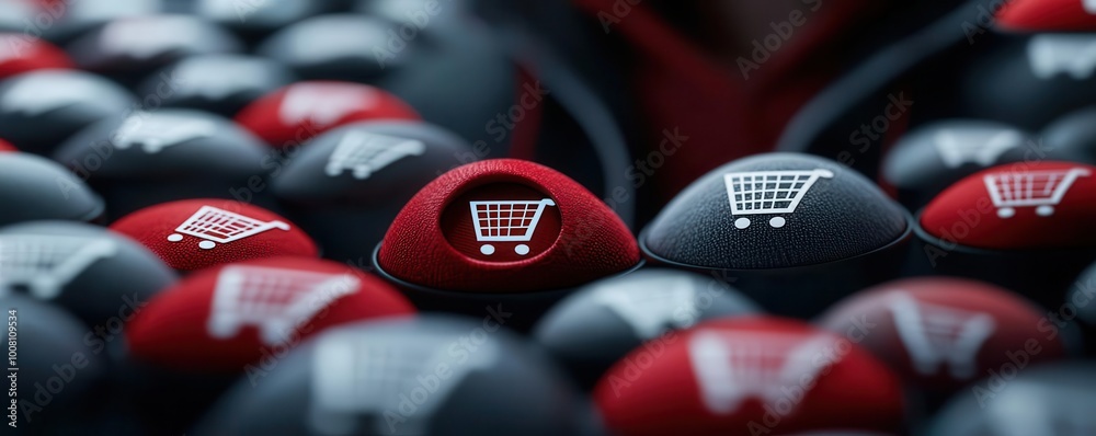 Person surrounded by floating icons of online shopping carts, with some ...