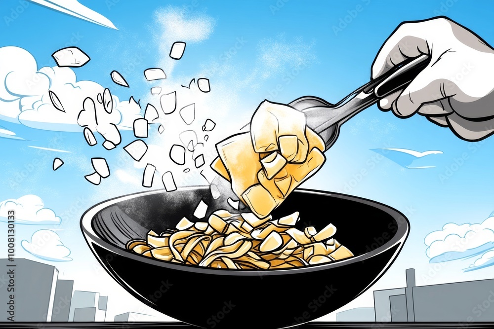 Simple line art of a vendor flipping Pad Thai in a wok, capturing the ...