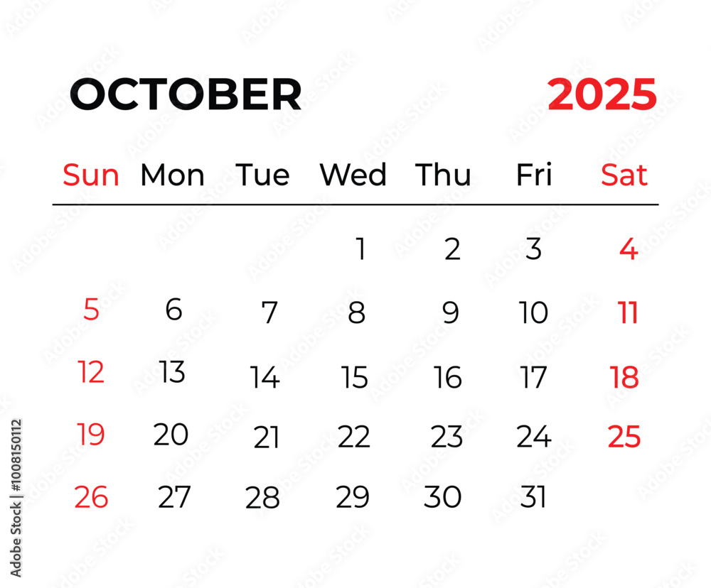 october 2025 Monthly Calendar design with clean look and week starts ...