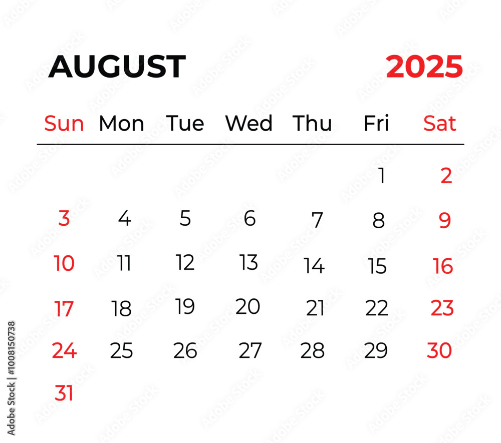 August 2025 Monthly Calendar design with clean look and week starts ...