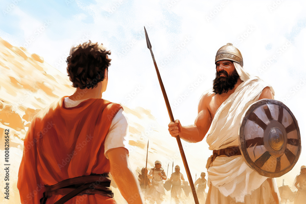 Biblical scene of young David facing the giant warrior Goliath in a ...