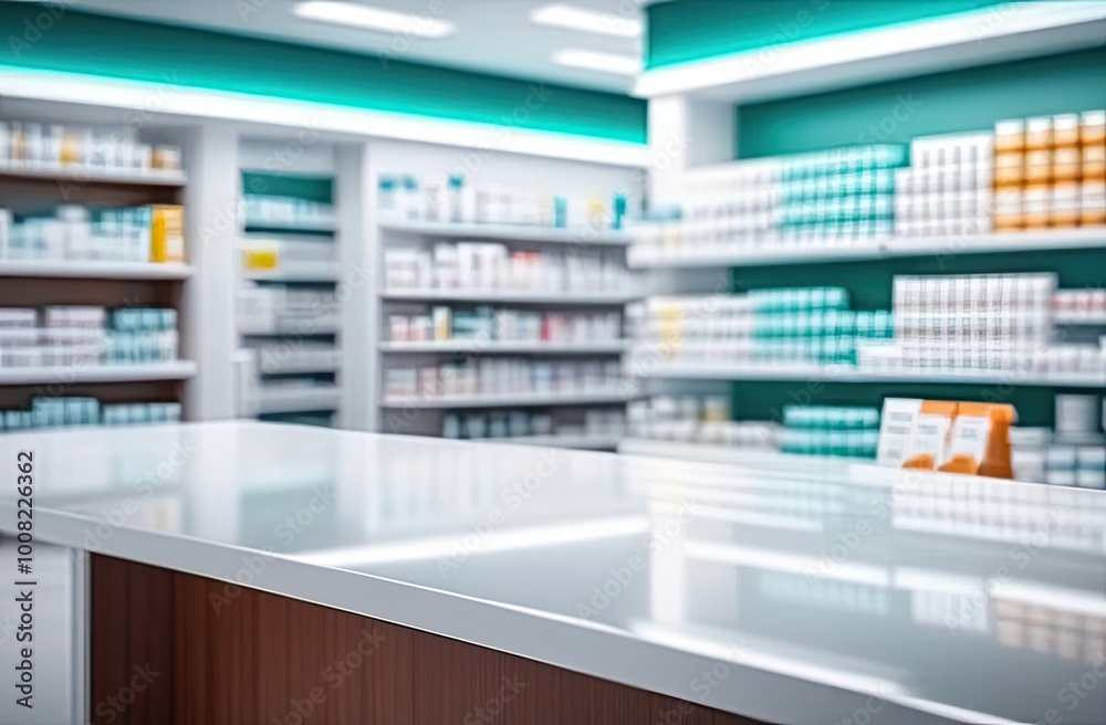 Empty white table with pharmacy shelves in background, product display ...