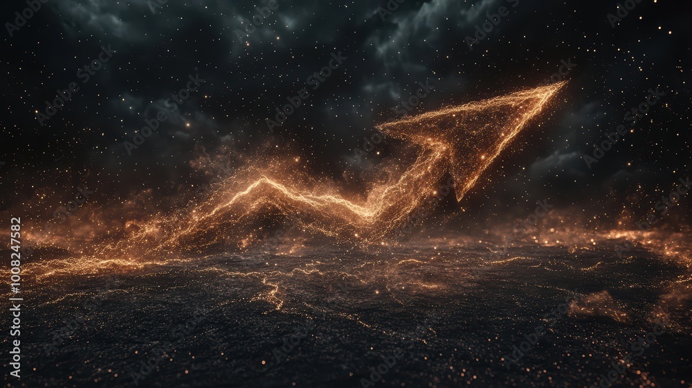 Fiery arrow-shaped lightning bolt piercing through a stormy night sky ...